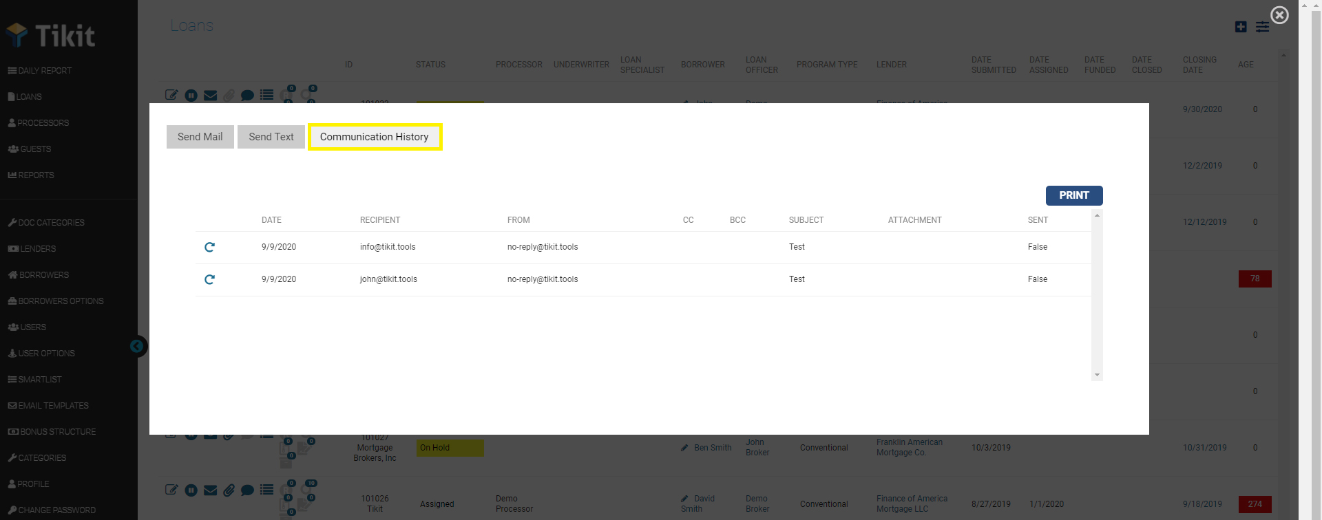 View Communication History for a Loan - Tikit Cloud-Based Hodme Warranty Software | Loan ...